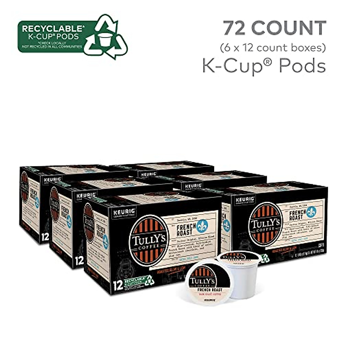 Tully's Coffee French Roast Keurig Single-Serve K-Cup Pods, Dark Roast Coffee, 12 Count