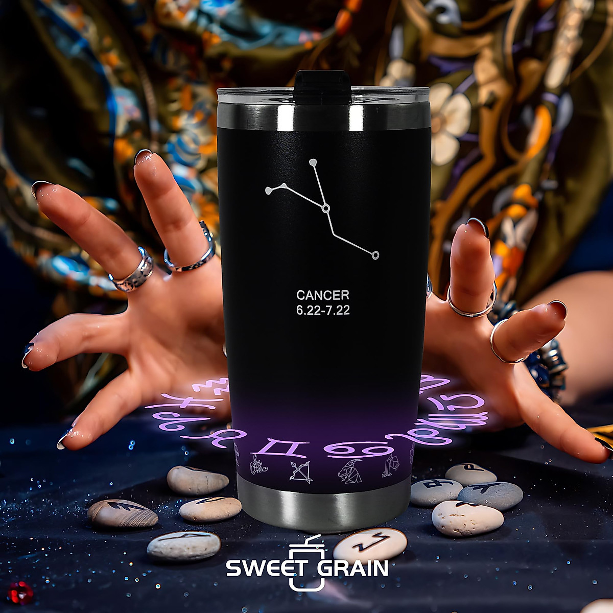 sweet grain 20oz Coffee Tumbler - Stainless Steel Double Wall Insulated Constellation Tumbler with Lid and Straw, Personalized Zodiac Gifts for Birthday/Bachelor Party - Cancer