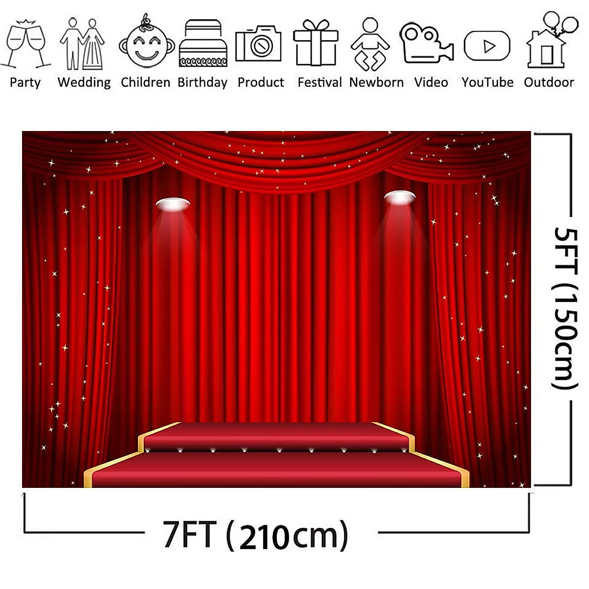 EMTOBT 7x5ft Theater Stage Backdrop Red Velvet Curtain Glittering Gold Star Spot Lights Kids Children Adult Family Birthday Carnival Baby Party Cake Table Vinyl Banner Supplies BJRLEM1560