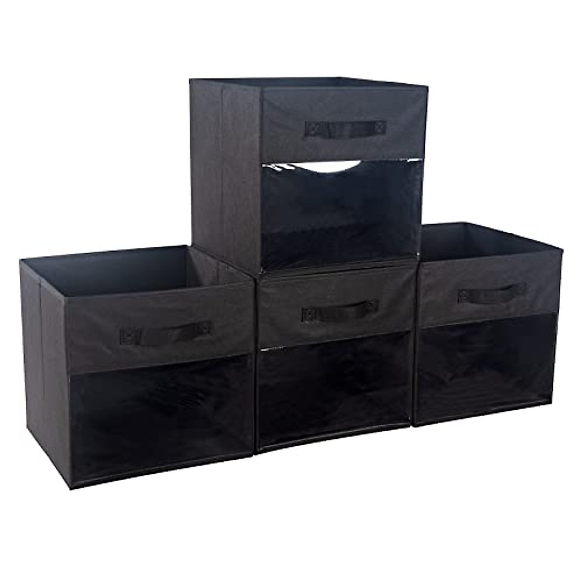 DOMEraax Cube Storage Bin 4 Pack with Clear Window Large Boxes Basket with Handles Fabric Closet Organizer 13" x 13" x 13" Black