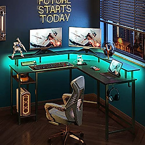 Rolanstar L Shaped Gaming Desk with LED Lights & Power Outlets, 56" Computer Desk with Full Monitor Stand & Storage Shelf, Corner Desk with Hooks, Carbon Fiber Desk Reversible