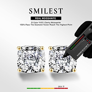SMILEST 1 ct Moissanite Stud Earrings for Men Women, D Color VVS1 Clarity Cushion Cut Simulated Diamond Earrings 18K Yellow Gold Vermeil 925 Sterling Silver Moissanite Earrings for Men Women Gifts