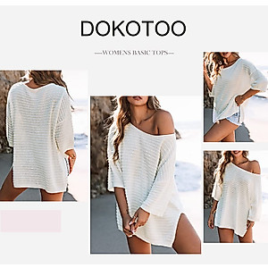 Dokotoo Womens Fashion Juniors Fall Summer Shirts and Blouses for Women 2023 Sweaters T-Shirts Off Shoulder 3/4 Sleeve Tunic Tops Loose Tee Shirts Beige Medium