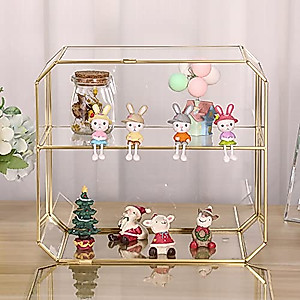 ELLDOO 2 Tier Clear Glass Storage Box, Gold Jewelry Makeup Organizer Box, Decorative Tower Box Display Case for Collectibles Trinket Perfume Lipstick Figure Toy