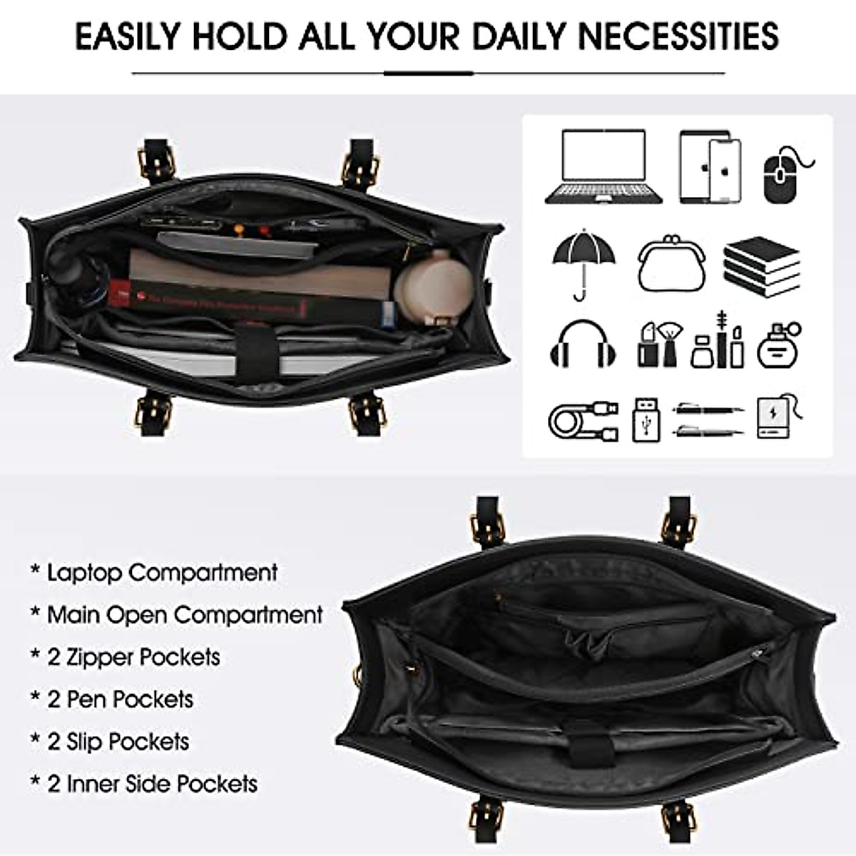 Laptop Bag for Women 15.6 Inch Laptop Tote Bag Leather Waterproof Work Bags Professional Business Office Computer Briefcase Large Capacity Shoulder Bag Black