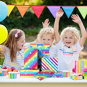 PlandRichW Rainbow Wrapping Paper Folded for Kids Boys Girls Birthday with Rainbow Star Stripe Line Happy Birthday 4 Designs for Baby Shower, Party, Precut 12 Sheets Each 20"x29"