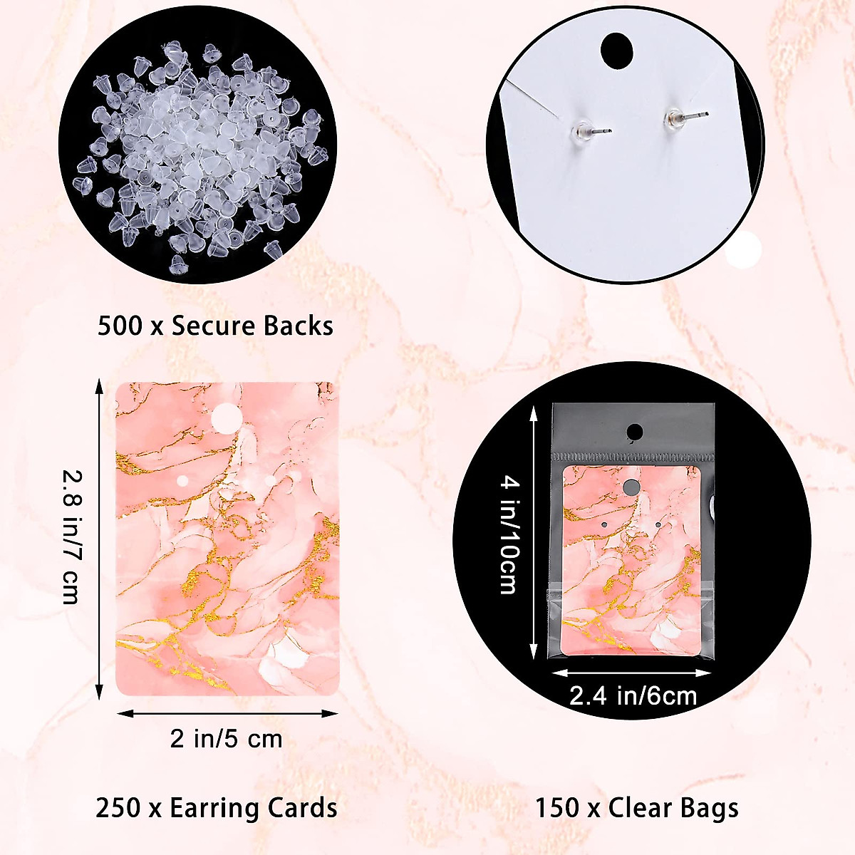 900 Pcs Marble Earring Necklace Display Card Holder for Selling, 250 Pcs 5 Colors Jewelry Display Cards 150 Pcs Self Seal Bags and 500 Earring Back for Jewelry Packing, 2 x 2.8 Inches (Golden Ripple)
