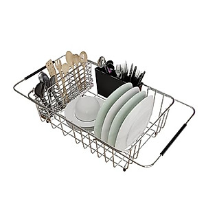KESOL Over The Sink Drying Rack, Expandable Dish Rack with 2 Utensil Holders (1 Plastic & 1 Steel), 304 Stainless Steel Drying Rack for Kitchen Sink with Anti-Scratch Base, Rustproof Dish Drainer