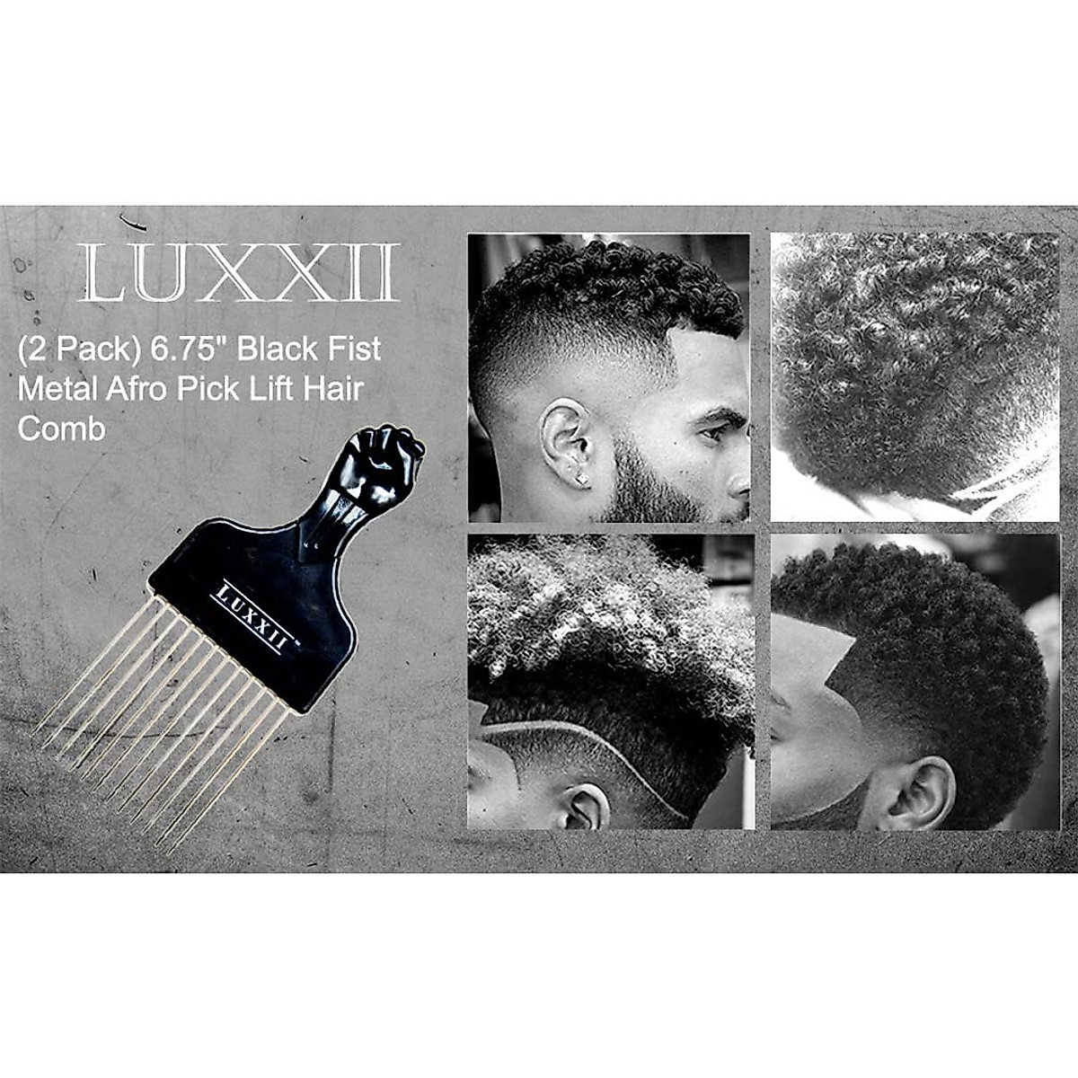LUXXII (2 Pack) 6.75" Black Fist Metal Afro Pick Lift Hair Comb Detangle Wig Braid Hair Man Styling Comb