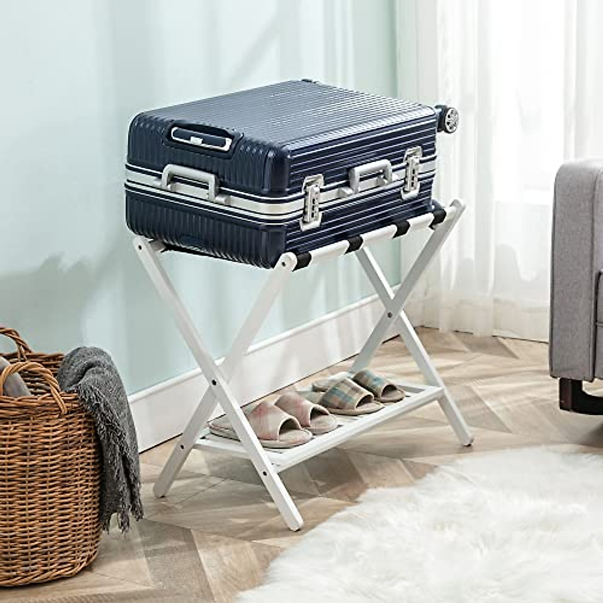 Zoopolyn Luggage Rack with Storage Shelf for Guest Room Folding Suitcase Bamboo Stand Hotel Bedroom White