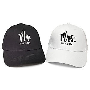 Embroidered Matching Mr Mrs EST 2024 Hats, Black White Bride Groom Dad Hat Baseball Caps, Gifts for Anniversary Newlywed Honeymoon