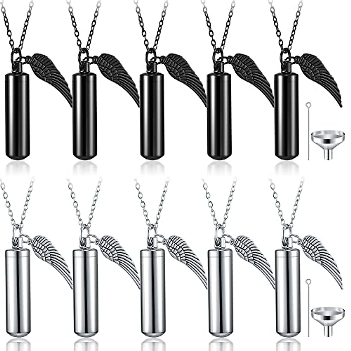 10 Pieces Cylinder Cremation Urn Necklace with Angel Wing Stainless Steel Memorial Keepsake Pendant Cremation Necklaces for Ashes for Women Men Urn Jewelry Sets Keepsake Urns Necklace with Filling Kit