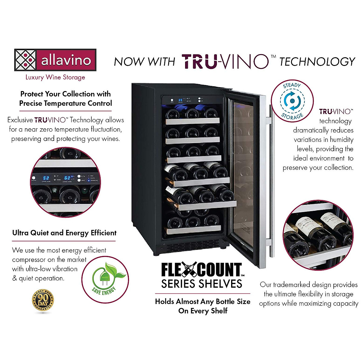 Allavino 15" Wide FlexCount II Tru-Vino 30 Bottle Single Zone Stainless Steel Right Hinge Wine Refrigerator