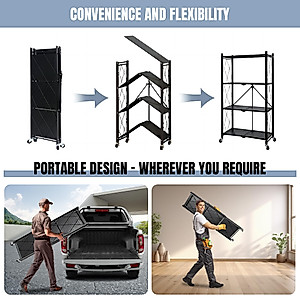 NEWWARE Storage Shelves 4-Tier Foldable, Metal Organizer and Storage Rack for Bathroom Kitchen, Display Storage Shelf with Wheels, No Assembly Shelving Unit for Pantry and Garage 4 Hooks, Black
