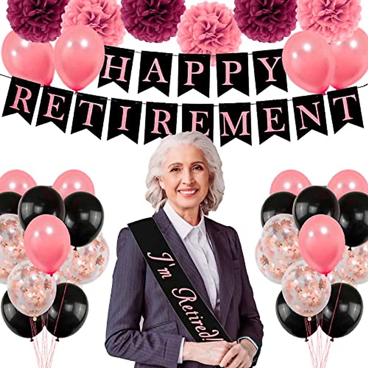 Retirement Party Decorations for Women, Rose Gold Happy Retirement Banner Retired Sash Paper Pom Poms Confetti Balloons Set Retirement Decorations Party Supplies