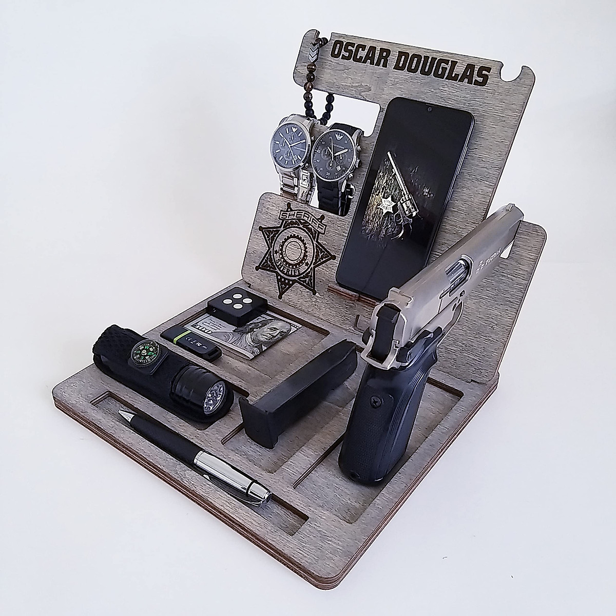 Wooden Docking Station, Police officer Docking Station, Wood Stand for gun, Law enforcement Gift for men, Nightstand with gun holder
