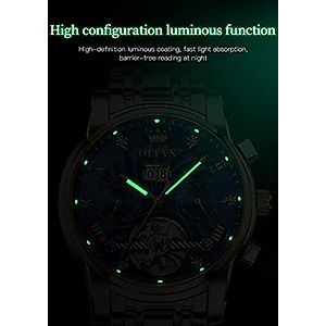 OLEVS Men Automatic Watch Skeleton 5 Hands Mechanical Blue Classic Luxury Multi Calendar Stainless Steel Waterproof Wrist for