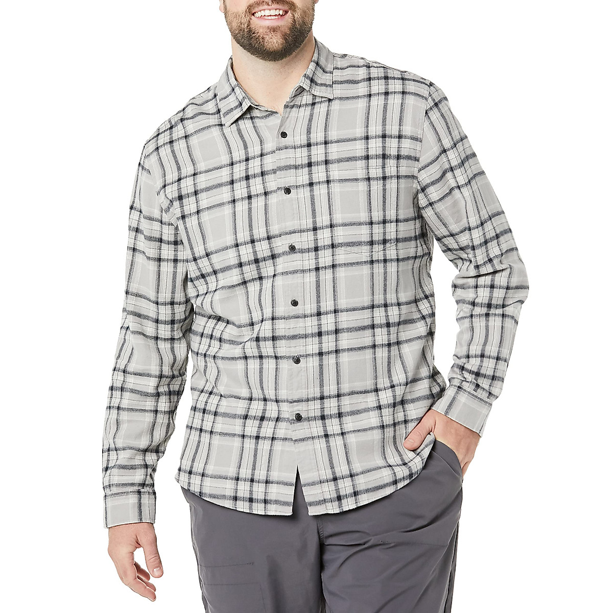 Amazon Essentials Men's Long-Sleeve Flannel Shirt (Available in Big & Tall), Black Light Grey Plaid, Large