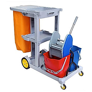 Janitorial Cart with Cover - 25 Gallon Bag - 2 Buckets - Mop Wringer Trolley