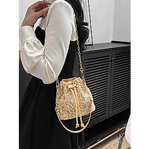 Verdusa Women's Sequin Drawstring Bucket Bags Glitter Crossbody Handbag Mini Purse Khaki one-size