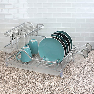 Home Basics 2-Tier Aluminum Dish Drying Storage Rack with Utensil Holder, Cup Holder & Draining Tray for Kitchen Countertop Sink