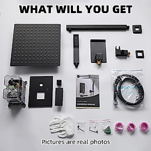 Fatspas Shower System with Tub Spout, Wall Mounted Shower Faucet Set for Bathroom with 12 Inch Rain Shower Head and Handheld Shower Head Set, Matte Black