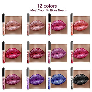 Gireatick 12 Colors Glitter Lip Gloss Set, 12Pcs Diamond Shimmer Metallic Liquid Lipstick Set, Long Lasting Waterproof Non-stick Cup Lip Gloss Glow Cosmetic Kit