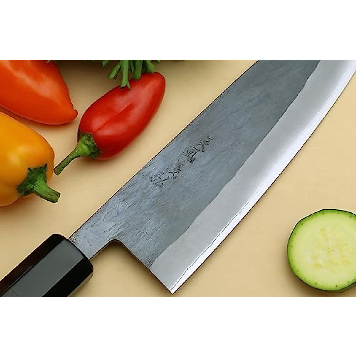 Yoshihiro Kurouchi Black-Forged Blue Steel Stainless Clad Santoku Multipurpose Knife Ebony Handle (6.5'' (165mm) & Saya)