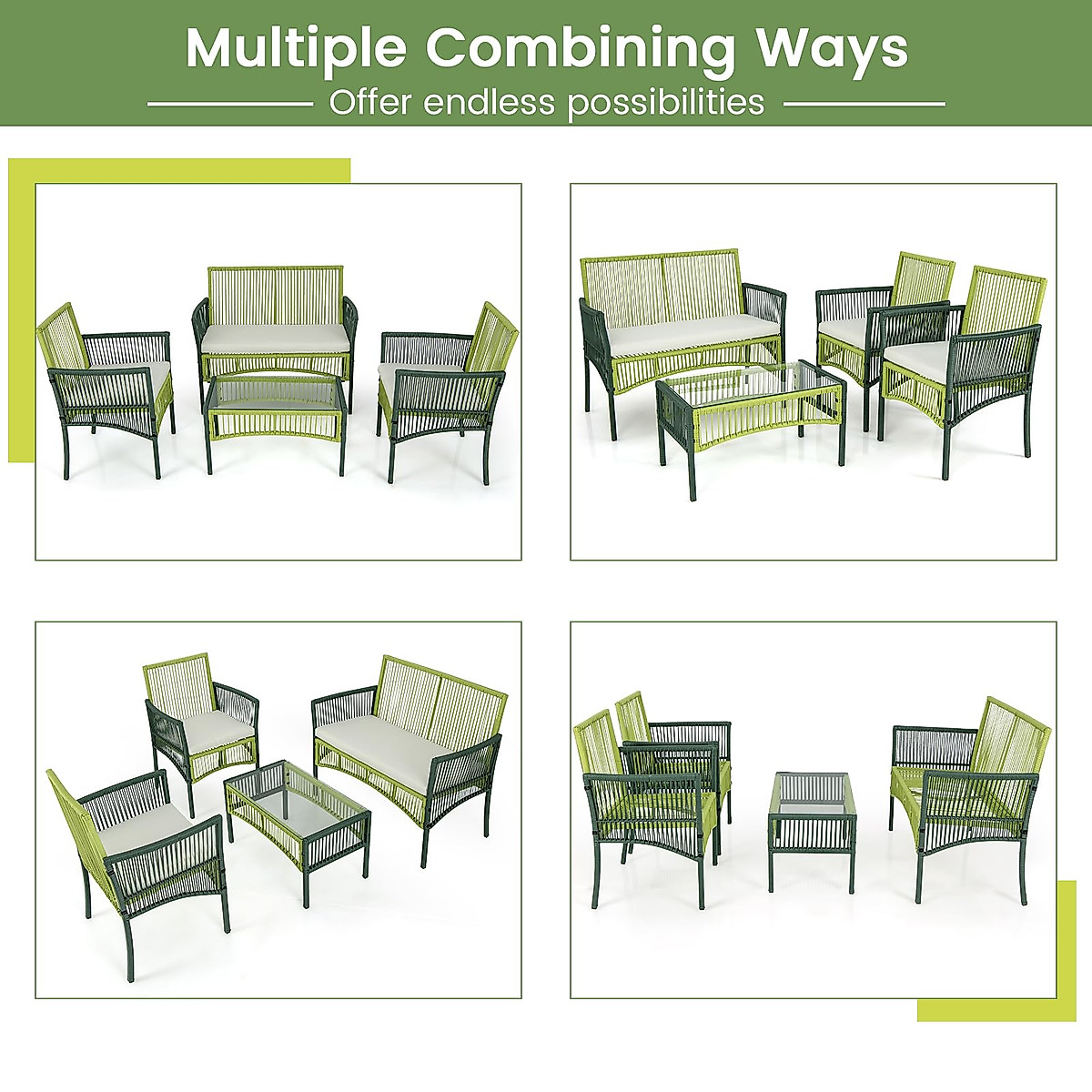 Tangkula 4 Pieces Outdoor Rattan Chair Set, Patiojoy Patio Wicker Conversation Set W/Soft Cushions, Tempered Glass Tabletop, Solid Metal Frame, for Backyard, Poolside, Balcony