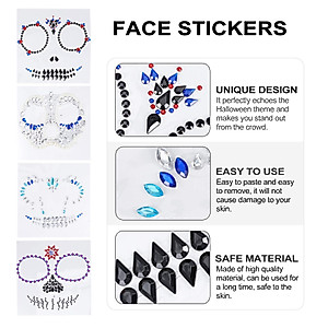 Lurrose Day of the Dead Skull Face Gems Jewels Tattoos, 4Pcs Rhinestone Halloween Jewels Tattoo Stickers for Halloween Festival Rave Party