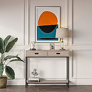 roomfitters Oak Wood Console Table with 2 Drawers, Hallway Foyer Table with Storage Shelves, Narrow Long Sofa Table, Side Table for Living Room, Hallway, Black Metal Frame, Rustic Brown