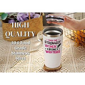 Onebttl Writer Gifts for Women - 20oz/590ml Stainless Steel Insulated Tumbler with Straw - Graduation/Birthday/Christmas Gift for Writers, Novelist, Scriptwriter - Strongest, White