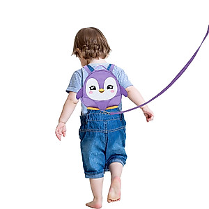 JIANBAO Penguin Toddler Backpacks with Leashes Anti Lost Wrist Link for 1.5 to 3 Years Kids Girls Boys Safety (Penguin, Purple)