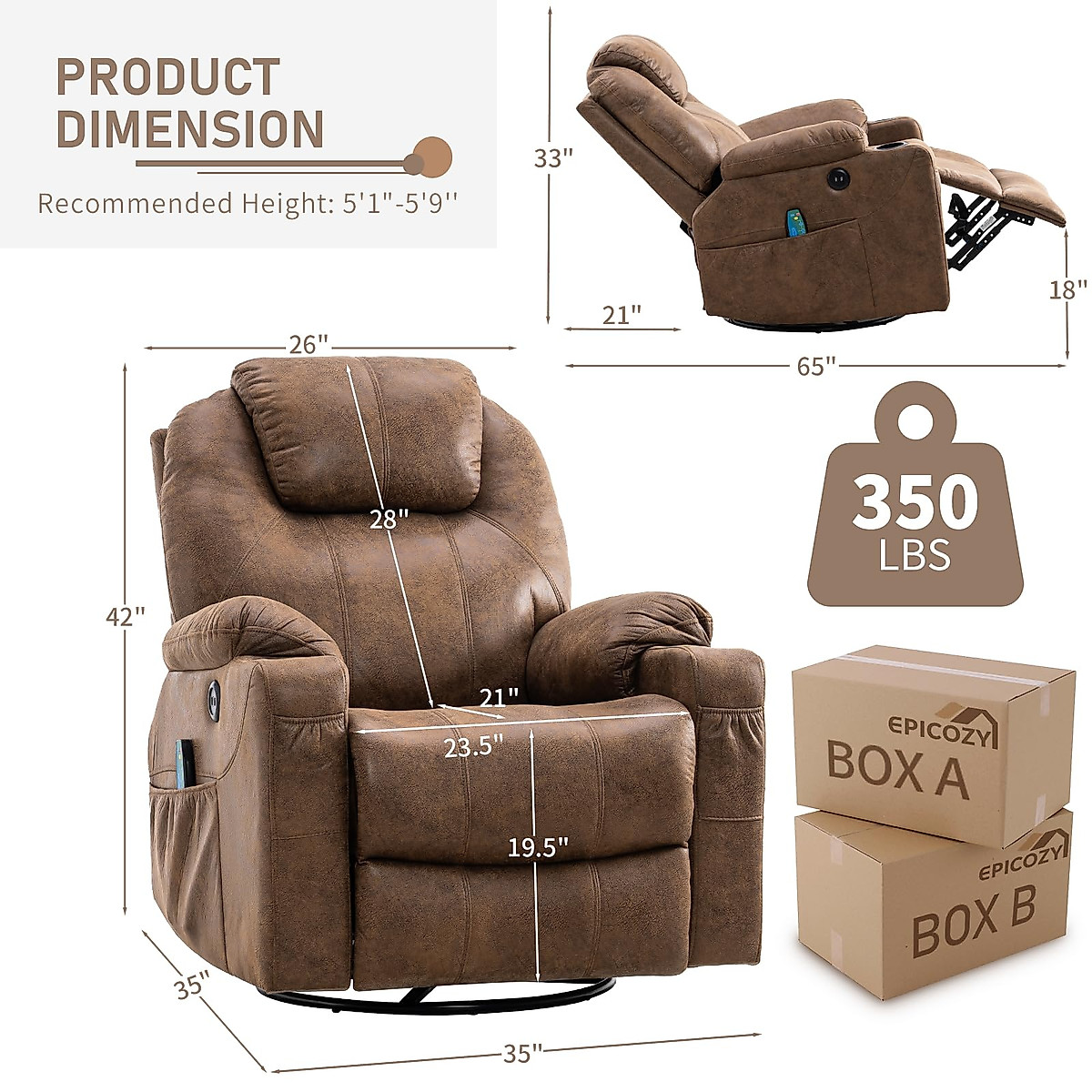 EPICOZY Manual Swivel Rocker Recliner with Heat and Vibration, 360° Swivel Glider Massage Lounge Chair, Ergonomic Single Sofa Recliner with 2 Cup Holders Side Pockets & USB Port, Brown