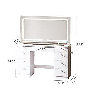 JassmiPkwy Makeup Vanity Desk with Mirror - 46 INCH Glass Tabletop Vanity Table with Lights, Drawers, Power Outlet, Large Storage Desk for Bedroom, White