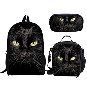 School Backpack Set Lunch Bags Pencil Case Cool Black Cat Print Bookbags 3 Pcs Set for for Kids/ Girls