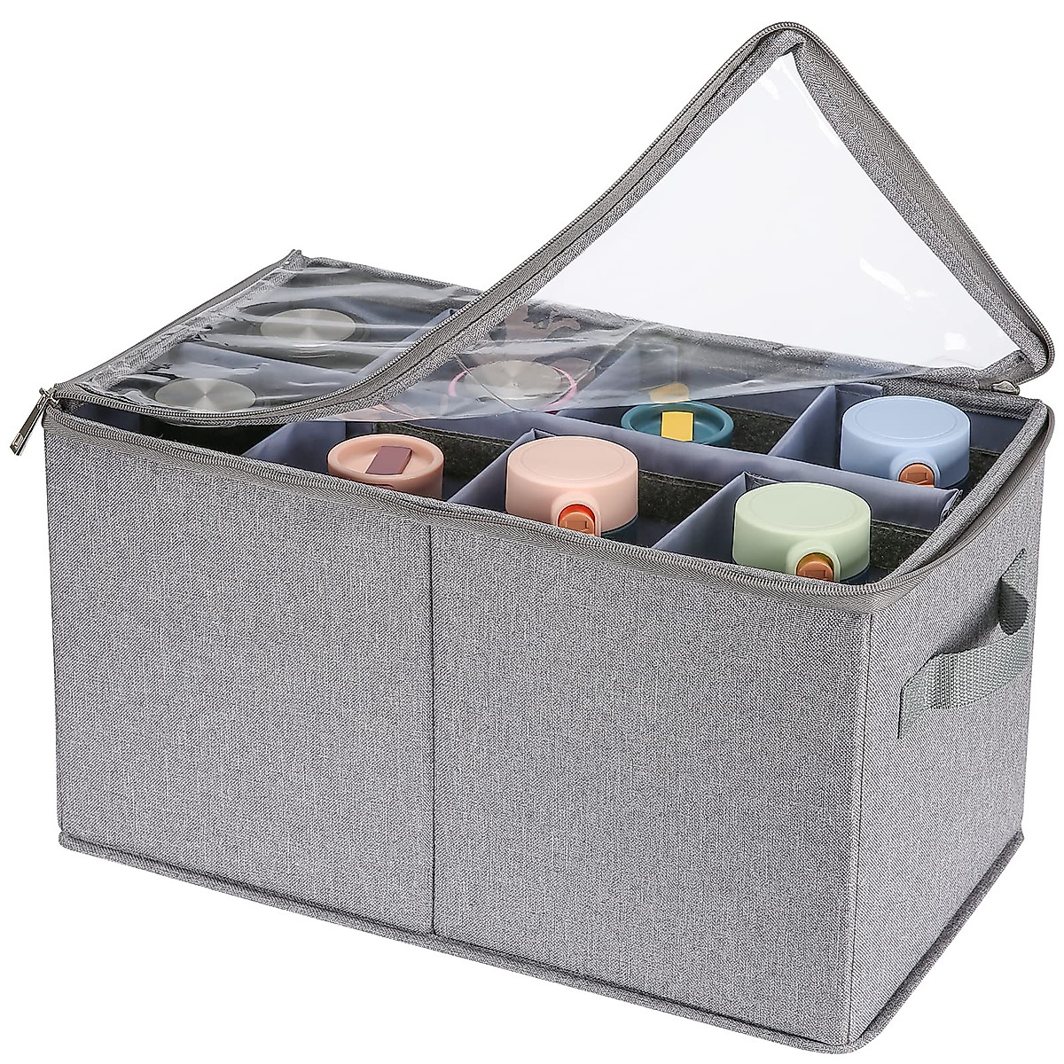 Puricon Water Bottle Storage Containers with Dividers, Drinkware Bottle Boxes Case with Lid for Kitchen Cabinet Cardboard Pantry Shelf -Grey