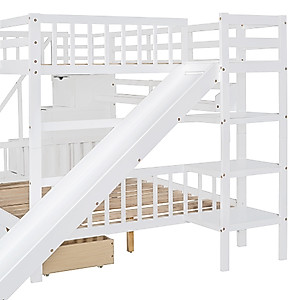 BIADNBZ Full Bunk Bed with Storage Stairs and Slide, 2 Drawers&3 Shelves, Multifunctional Wooden Low Bunkbed Frame, for Kids Teens Boys Girls Bedroom, White