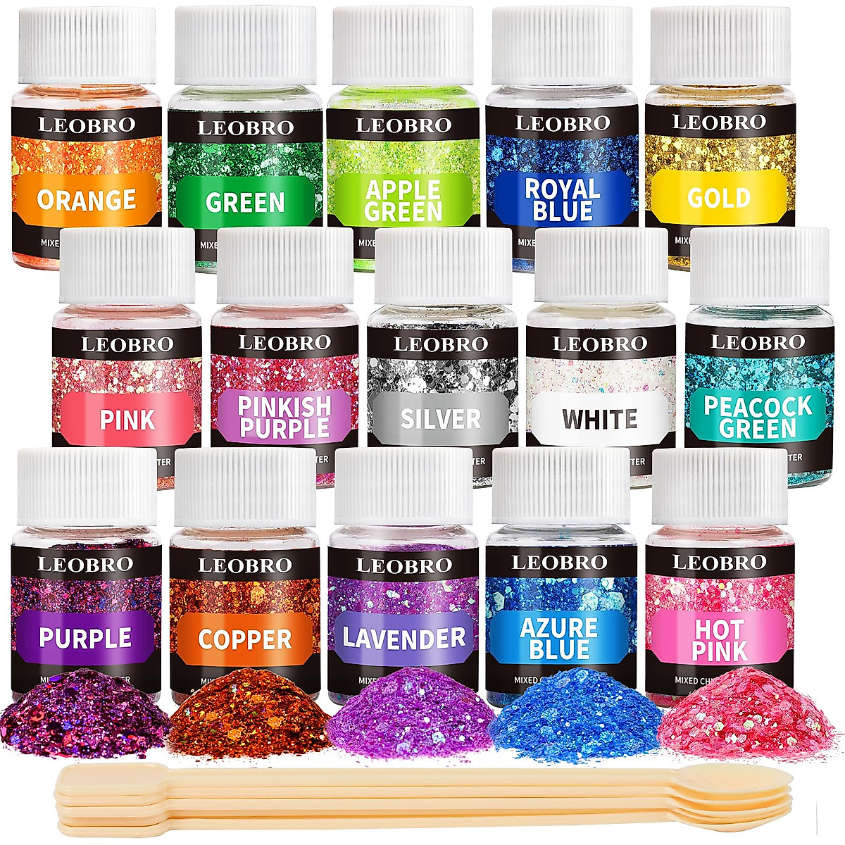Holographic Chunky Glitter, 15 Colors Craft Glitter for Resin, with 5PCS Mixing Spoon, LEOBRO Cosmetic Glitter for Nail Body Eye Face, Resin Glitter Flakes Sequins for Tumbler Jewelry Crafts Making