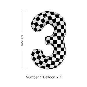 40 Inch Checkered 3 Balloon Large Black and White Number Balloon for Race Car 3rd Birthday Party Supplies Number 3 Checkered Balloon