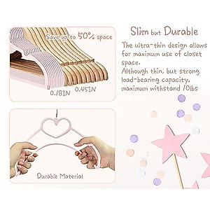 Kids Pink Velvet Clips Hangers - 13inch 50 Pack Toddler Hanger with 20pcs Movable Clips, Stackable Non-Slip Heart Flocked Hangers Fit for Baby and Children Clothes, Heavy-Duty and Space-Saving(Silver)