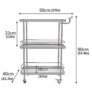 VLOBAOM 3-Tier Bar Cart for Home, Utility Kitchen Storage Island Serving Cart with Wheels, Decorative End Table, Mobile Coffee Table,69x40x90cm,Silver
