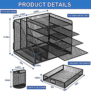 BainGesk Desk Organizers and Accessories, Desk Organizer with File Holder, 5-Tier Paper Letter Tray Organizer with Drawer and 2 Pen Holder, Mesh Desktop Organizer and Storage for Office Supplies