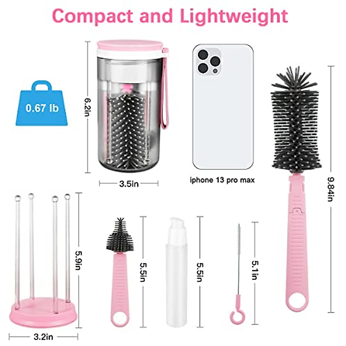 6 in 1 Baby Bottle Brush Set, Bottle Cleaner Kit with Silicone Bottle Brush, Nipple Brush, Straw Cleaning Brush, Soap Dispenser, Baby Bottle Drying Rack for Travel and Home Use (Pink)