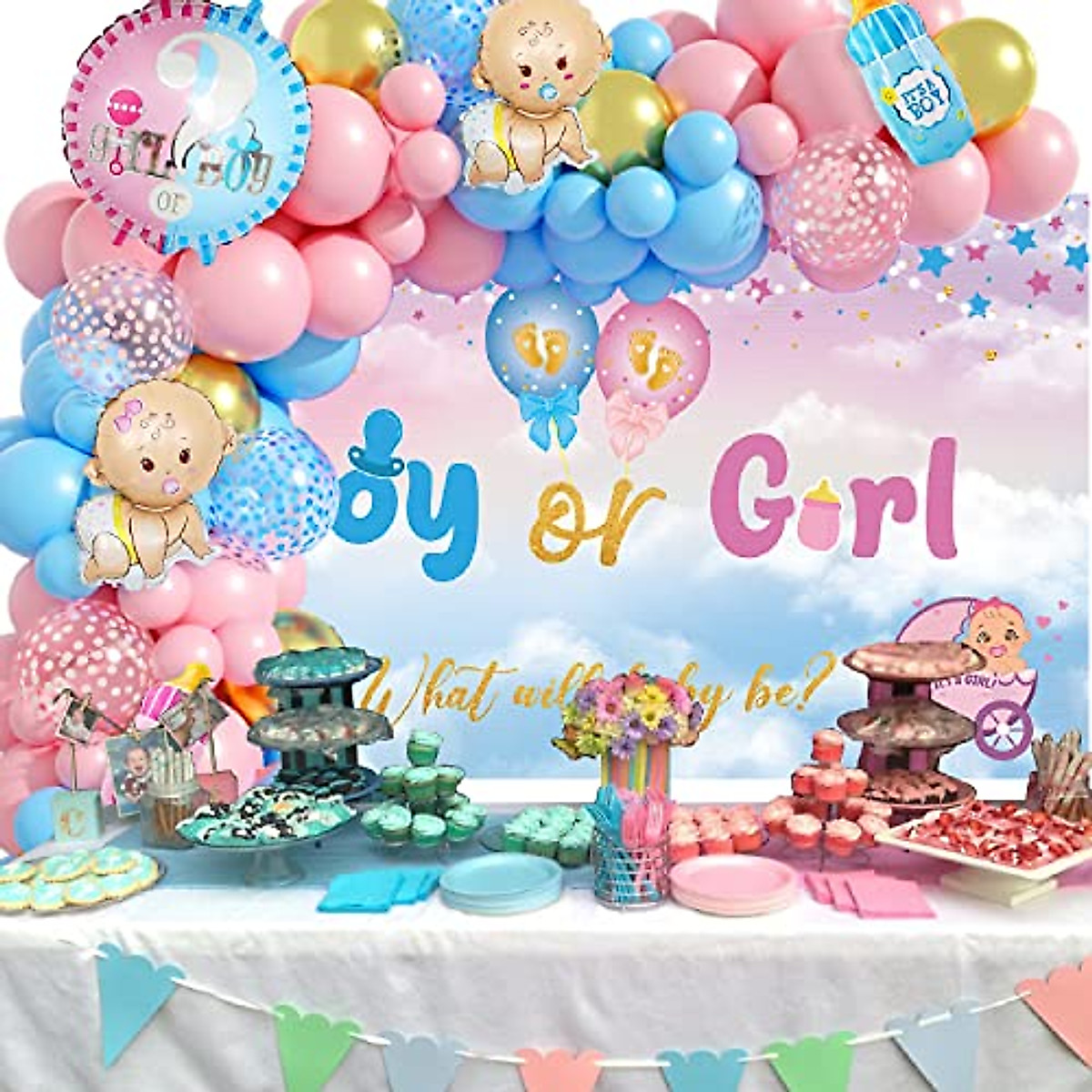 Gender Reveal Decorations Pastel Blue Pink Balloon Garland Arch Kit with Boy or Girl What do You Think Banner Backdrop Boy Girl Foil Mylar Balloons Gender Reveal Party Supplies