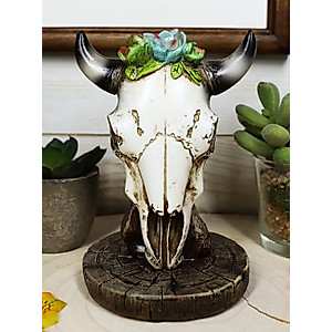 Ebros Gift Southwest Aged Bone Bull Cow Steer Head Skull with Floral Succulents Sculpture On Round Wooden Slice Base As Bisons Steers Cows Fossil Faux Taxidermy Rustic Western Decor Sculpture