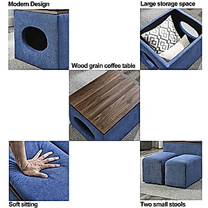 HomSof 25" W 5 Pieces Ottoman Bench Set,Modern Design Hollow Storage Ottoman, Upholstery Coffee Table, Two Small Footstools,Easy Storage and Wide Use,Waterproof,Oil-Proof,Scratch-Proof,Blue