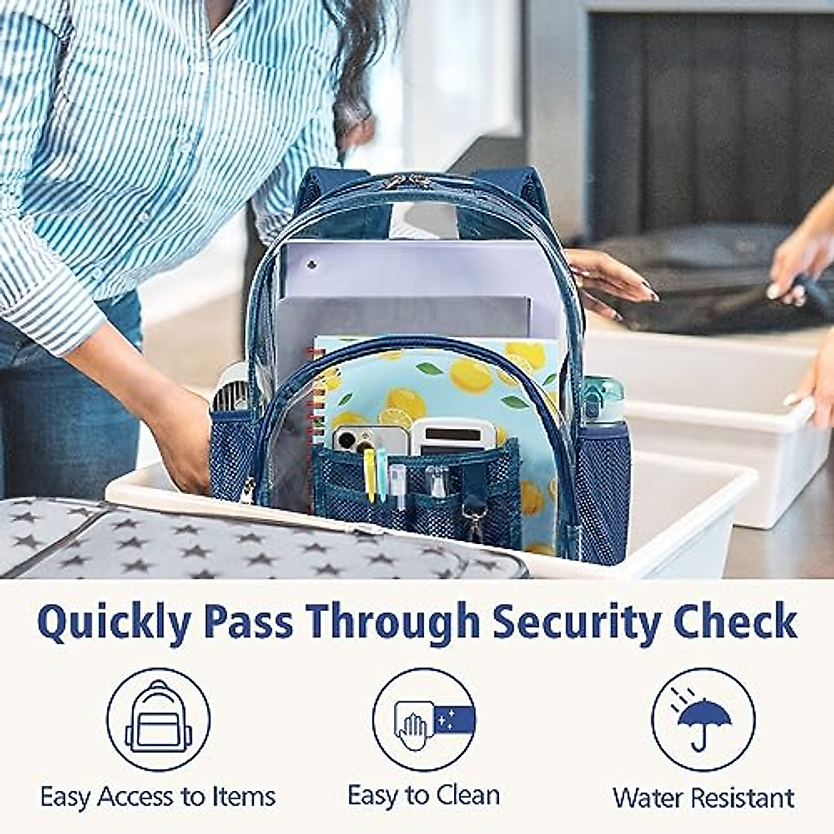 F-color Clear Backpack Heavy Duty - Large Clear Backpacks for School PVC Transparent Bookbag for Students Work Travel, Navy Blue