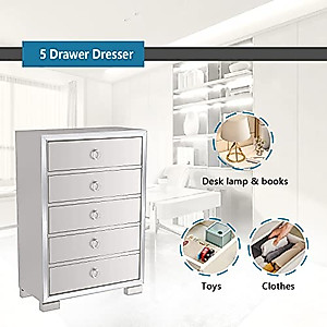 Mirrored 5 Drawers Chest, Modern Solid Wood Accent Storage Cabinet with Silver Finish and Crystal Knobs, 31" Tall Bedroom Dresser, Beautiful Wide Chest of Drawers Sofa Table for Living Room, Silver