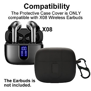 smaate Earbuds Case Compatible with TAGRY X08 Wireless Earbuds, Silicon Protective Cover with “S” Shaped Dual Carabiner, with Window for LED Display